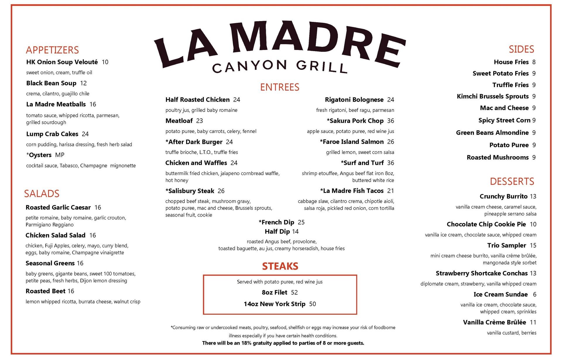 La Madre Canyon Grill Dinner Menu